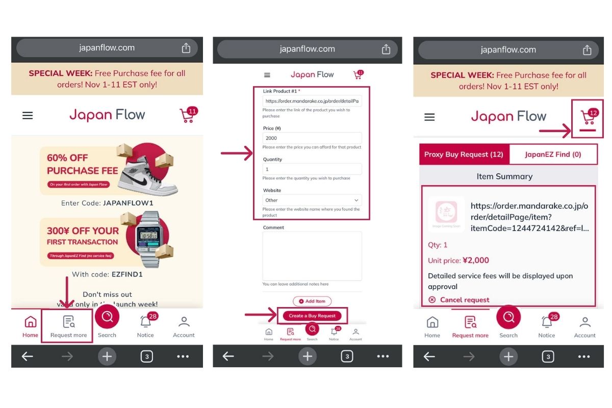 Create a buy request to order items from Mandarake by Japan Flow