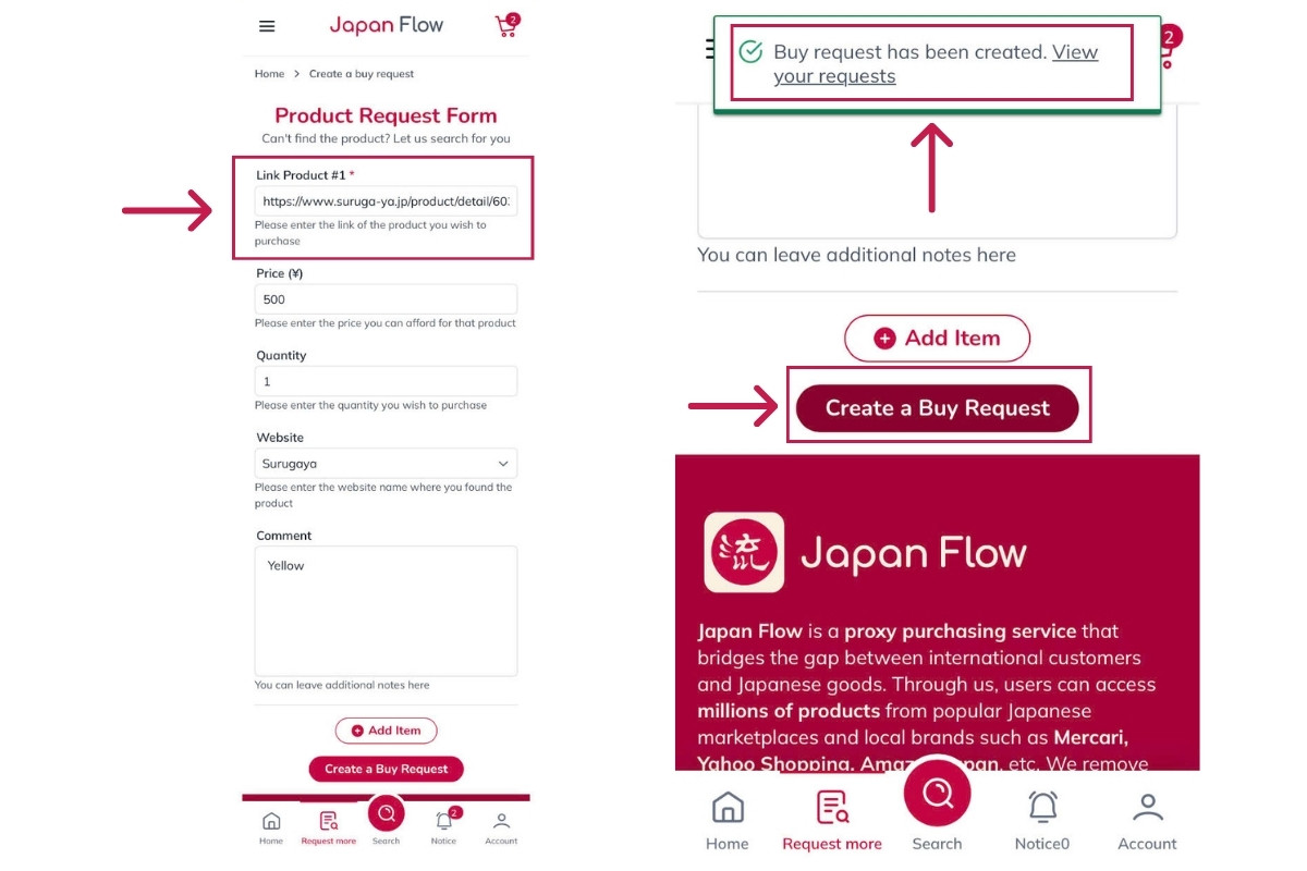 Create a buy request form on japan flow to order goods from suruga-ya