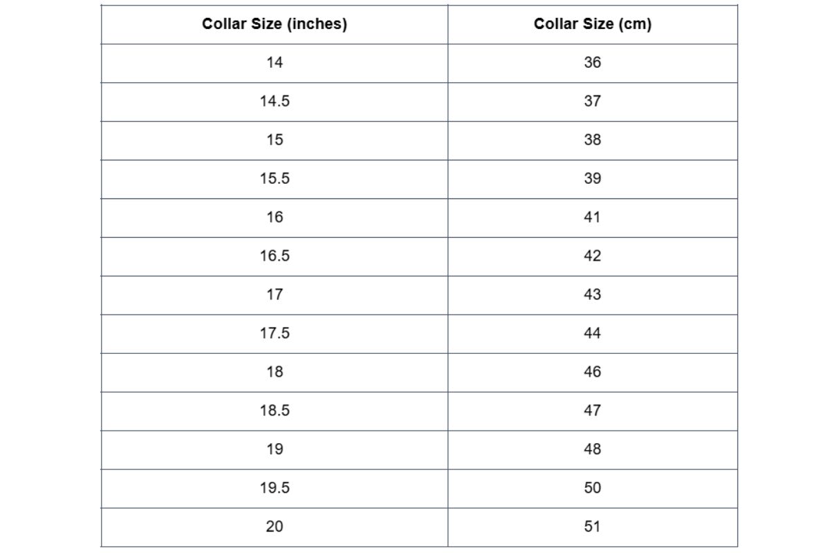 Men’s shirt collar sizes chart in japan