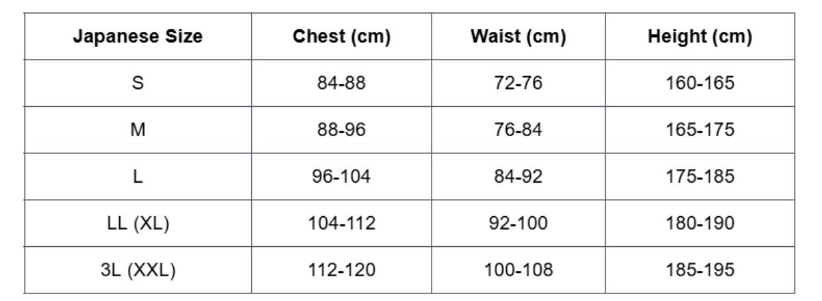 size chart for Men's suits in Japan